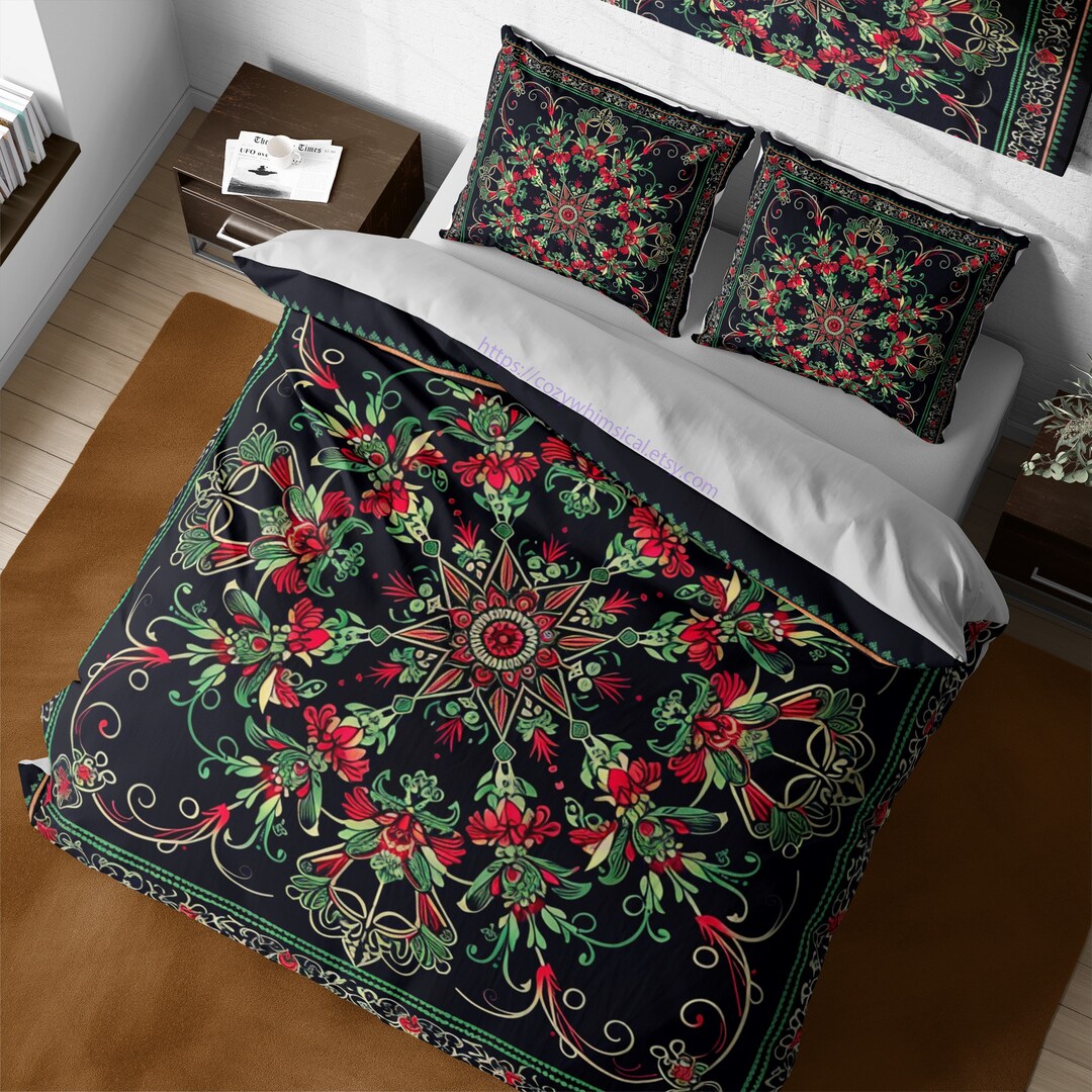 Vintage Folklore Flowers Boho Mandala Bedding Set, Red Floral Hippie ...