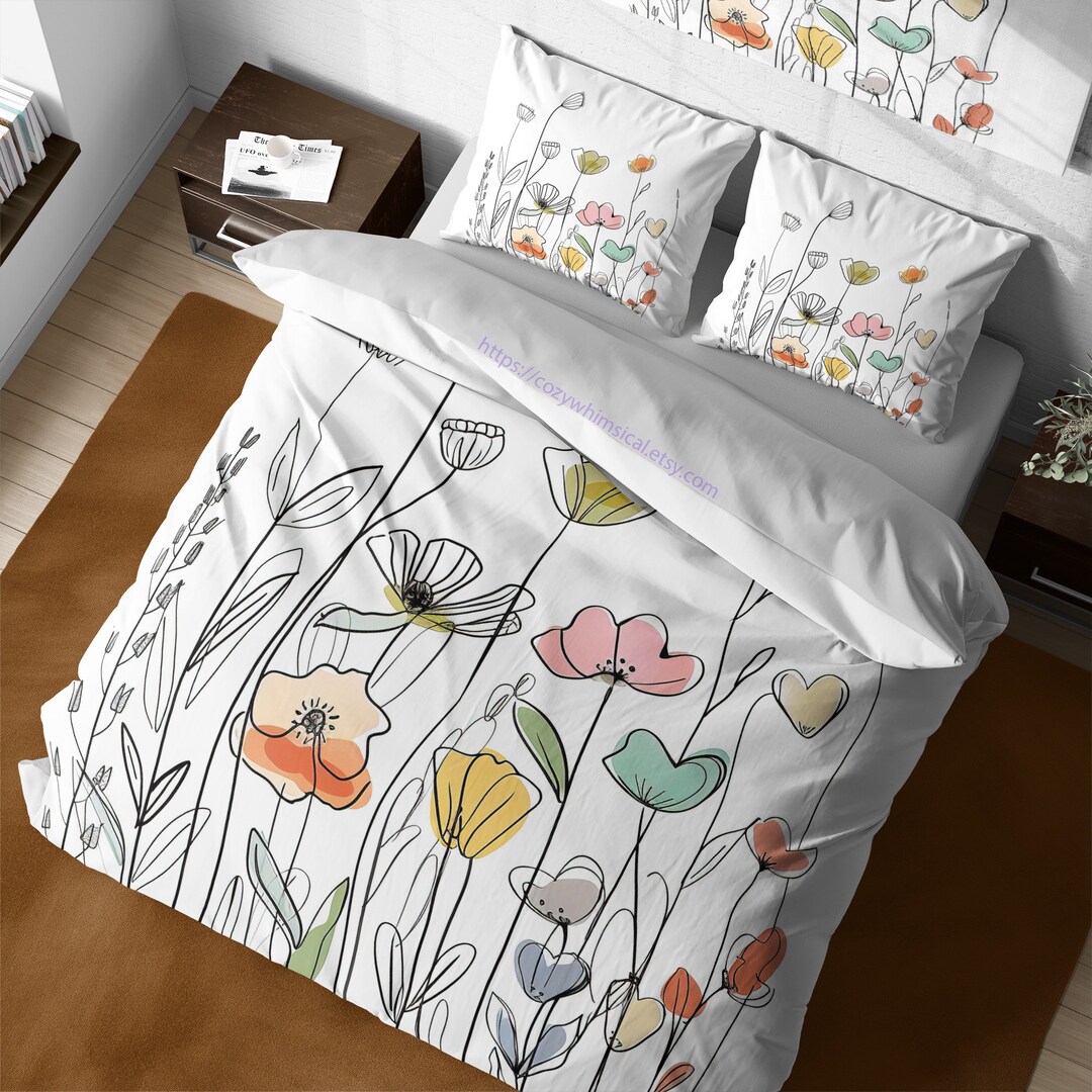 Colorful Flower Field Line Art Bedding Set, Modern Art Botanical ...