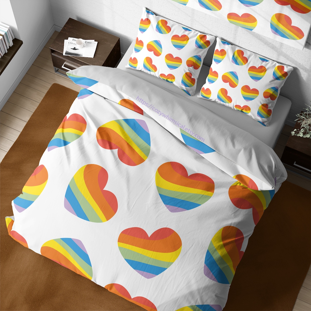 Retro Hearts Pattern LGBT Pride Bedding, Rainbow Duvet Cover, Gifts for ...