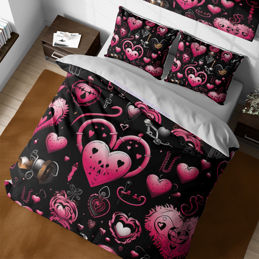 Rebel Punk Hearts Cotton Duvet Cover Set, Black Goth Bedding, Emo Girl ...
