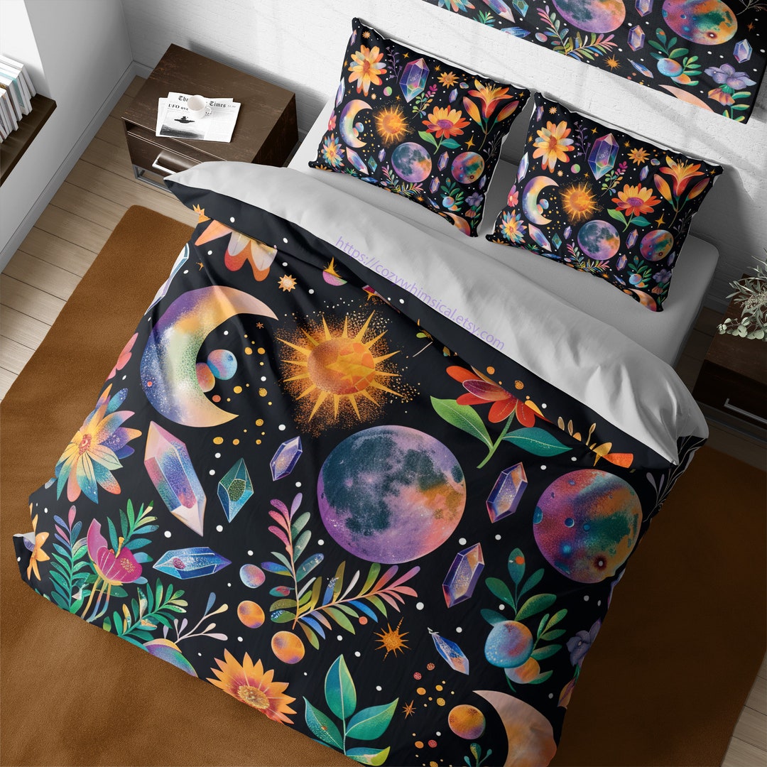 Mystical Moonlight Garden Bedding Set, Crescent Moon Phase Duvet Cover ...