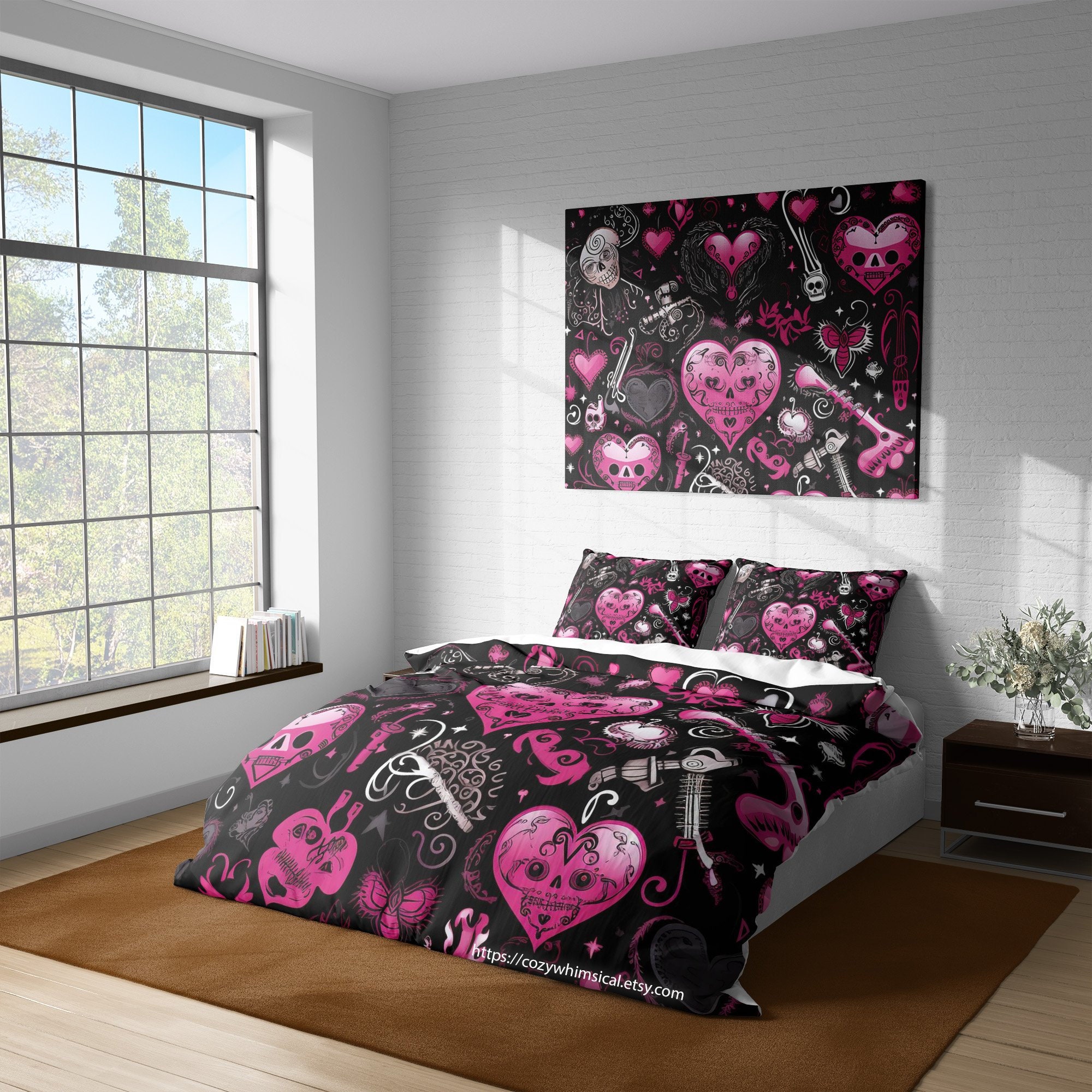 Pink Heart Punk Design, Chic Edgy Teen Bed, Cotton Duvet Cover Set ...