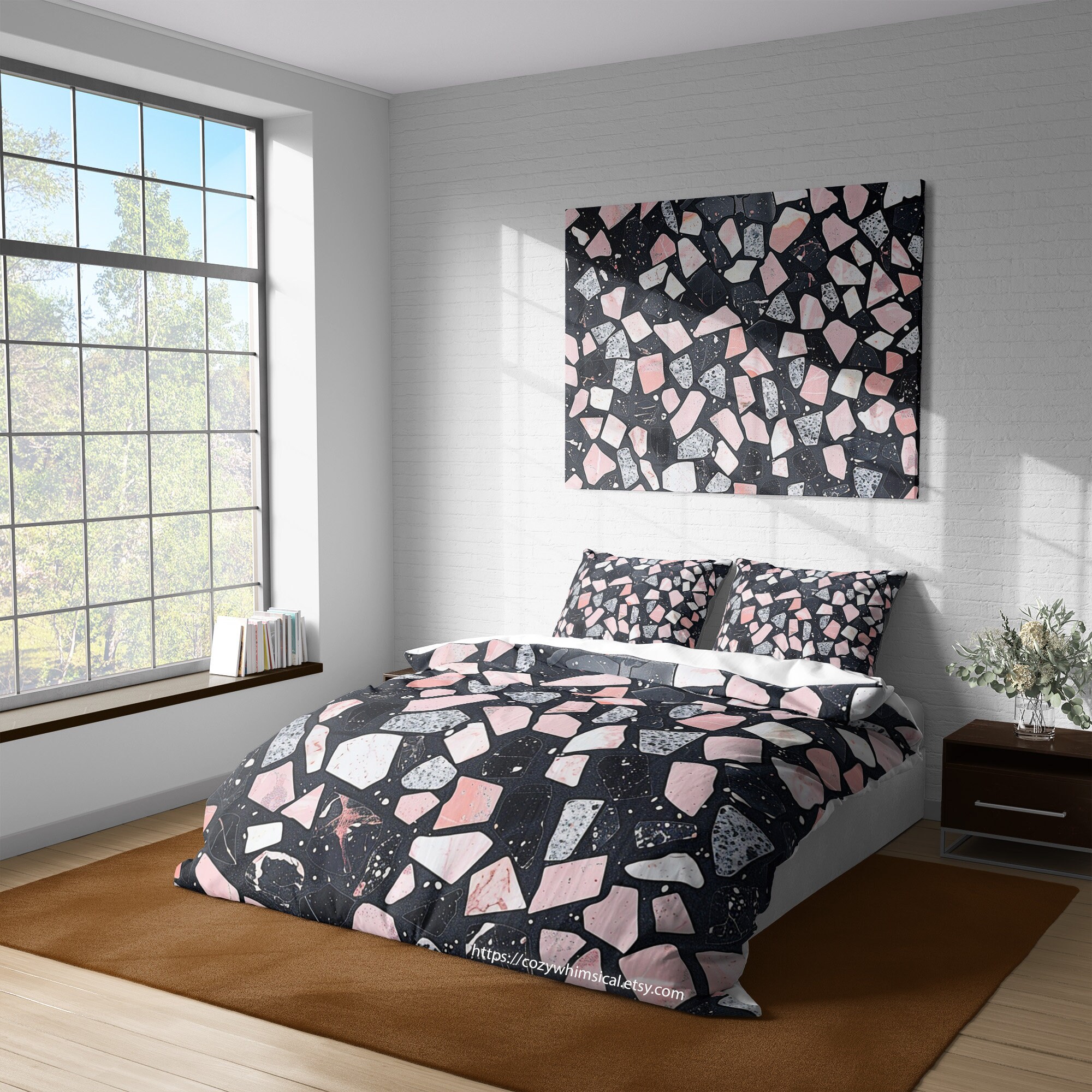 Dark Monochromatic Terrazzo Pattern Duvet Cover Set, Geometric Pink ...