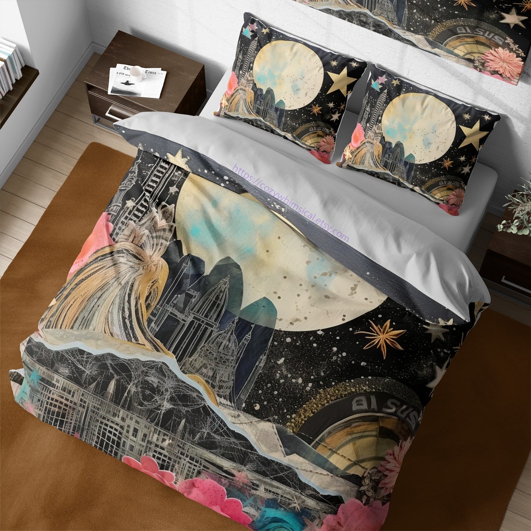 Mystic Super Moon & Stars Cityscape Bedding Set, Mid Century Goth Room ...
