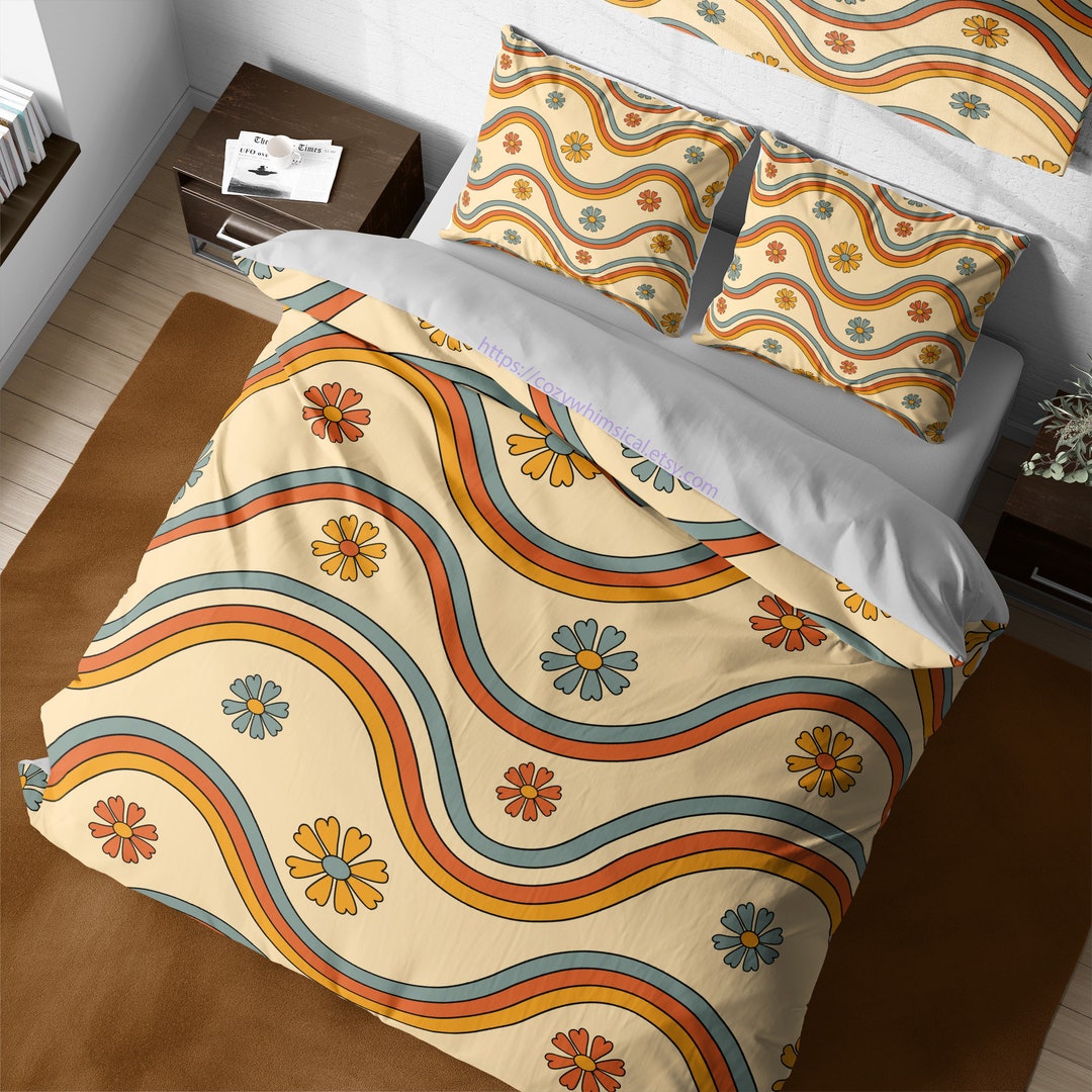 Retro 60s Boho Floral Daisies Bedding, Vintage Aesthetic Daisy Flowers ...