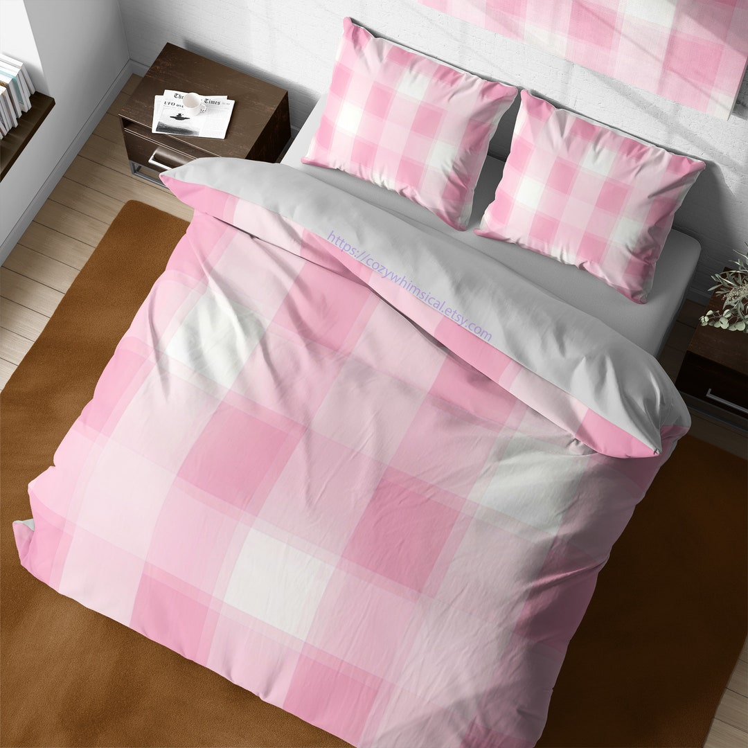 Pink Gingham Check Bedding Duvet Cover Set, Checkered Plaid Zipper ...