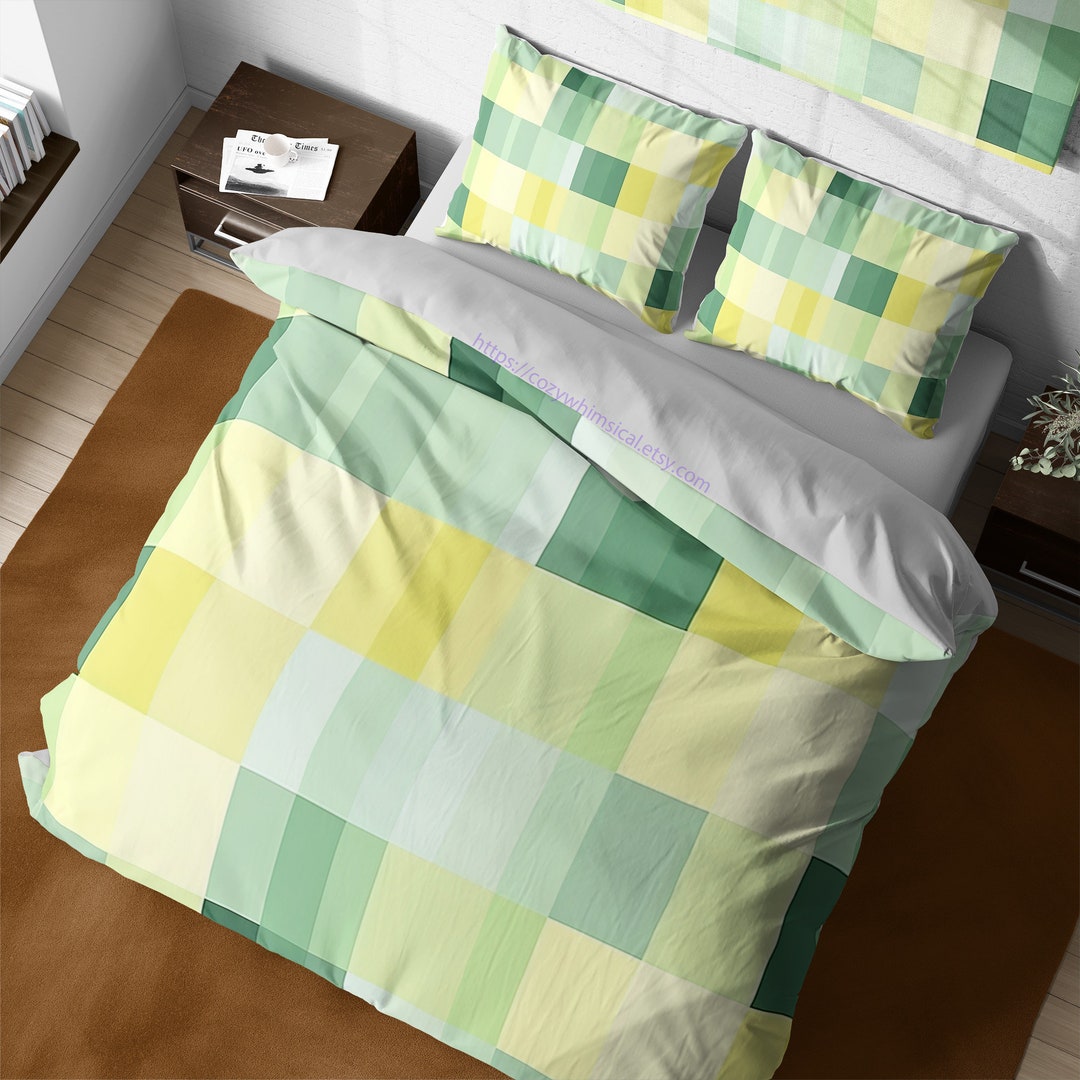 Gingham Check Plaid Bedding Duvet Cover Set, Green and Yellow Checkered ...