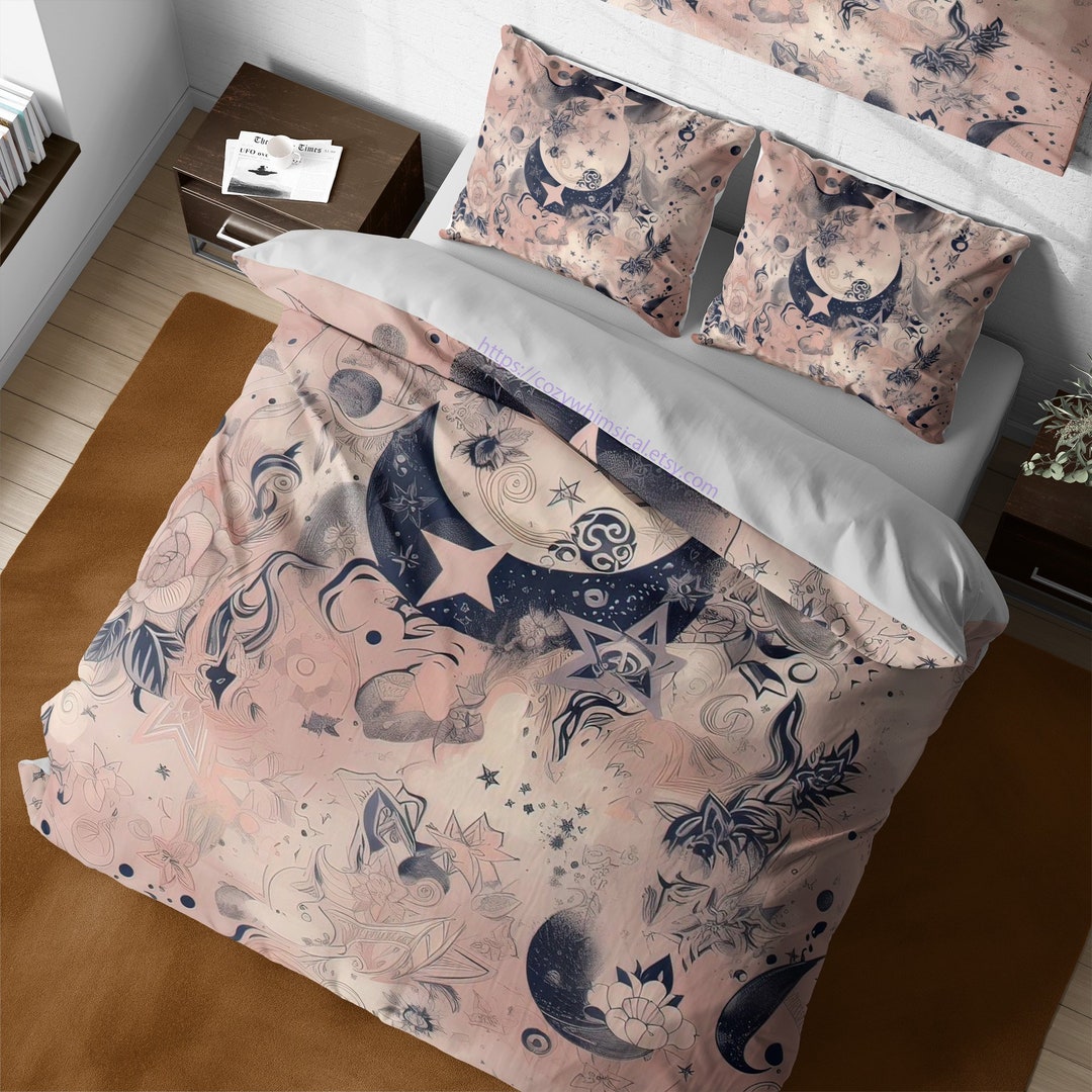 Moon Bedding Cotton Duvet Cover Set, Celestial Zipper Bedding, Cosmic ...