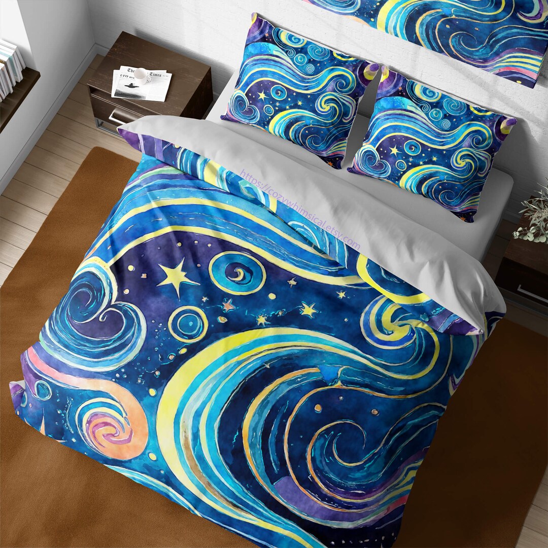 Starry Night Cotton Duvet Cover Set, Blue Swirls Bedding, Cosmic Quilt ...