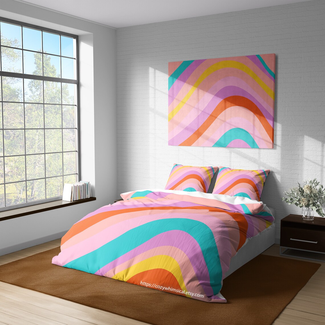 Retro Rainbow Groovy Style Colorful Bedspread, Hippie Waves Bedding ...