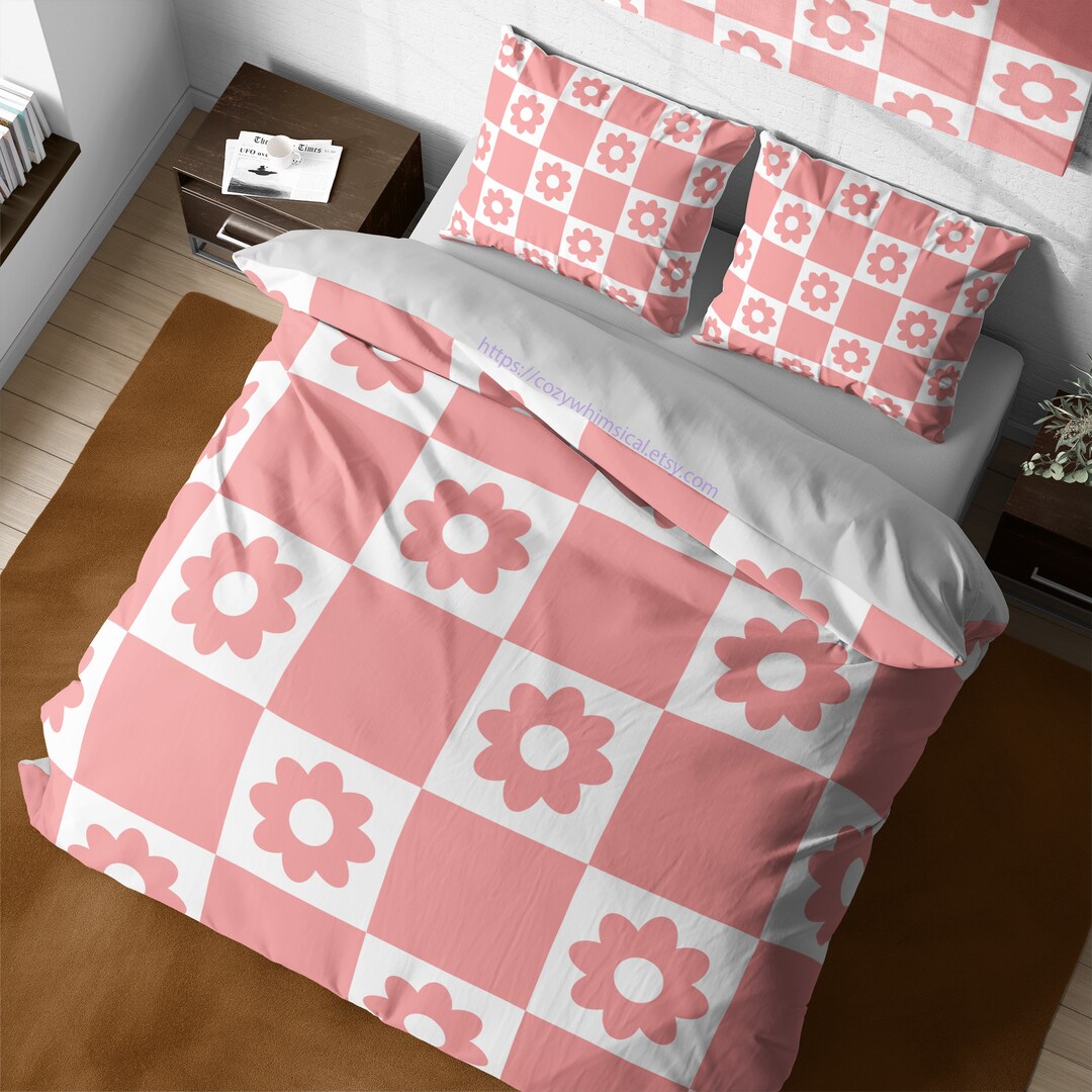 Pink Daisy Flowers Checkered Cotton Duvet Cover Set, Retro Y2k Hippie ...