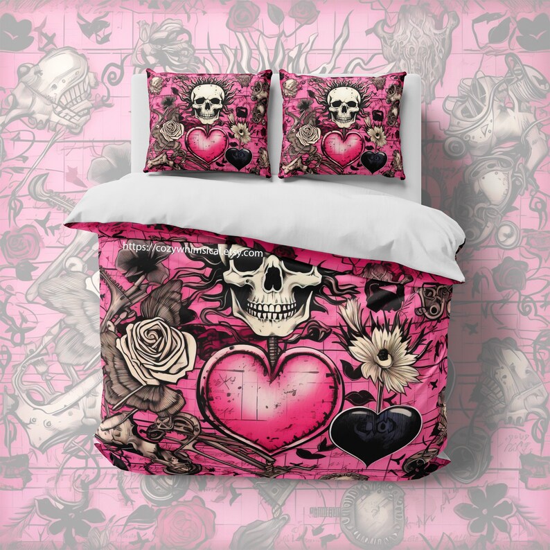 Gothic Skull Valentines Duvet Cover Set, Pink Hearts Emo Rockstar ...