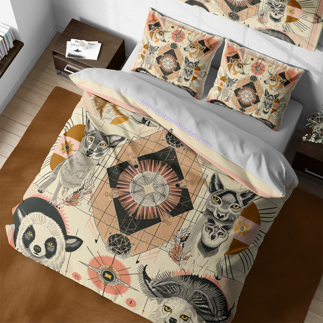 Whimsical Vintage Folklore Art Bedding Set, Fox Mama and Baby Mystical ...