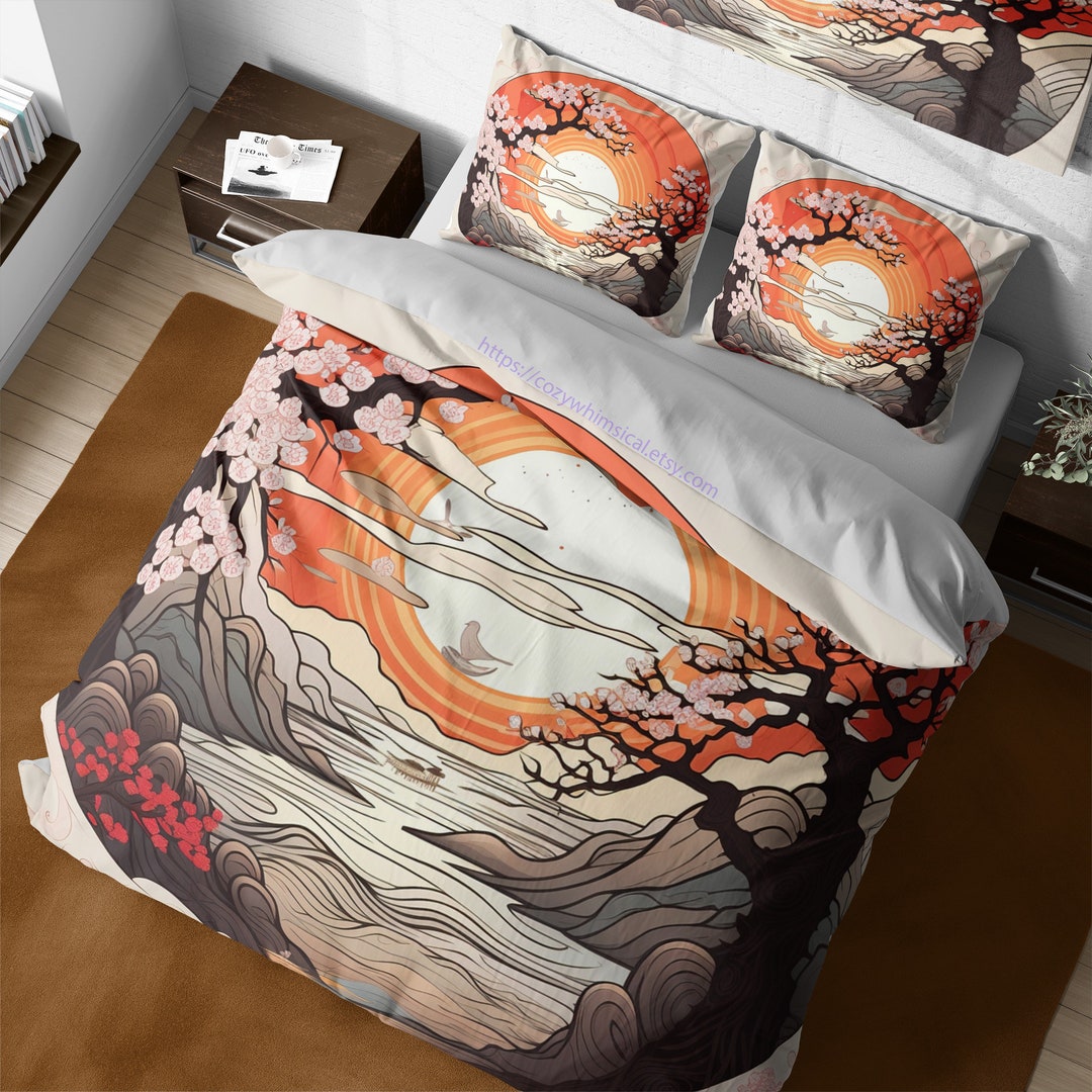 Retro Japanese Sunset Orange Bedding, Vintage Cherry Blossoms Landscape ...