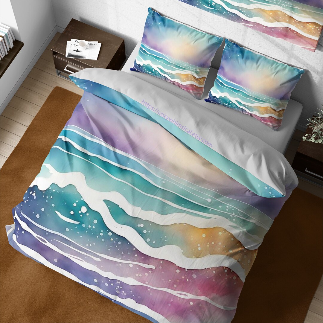 Aesthetic Gradient Colorful Ocean Waves Duvet Cover Set, Cute Abstract ...