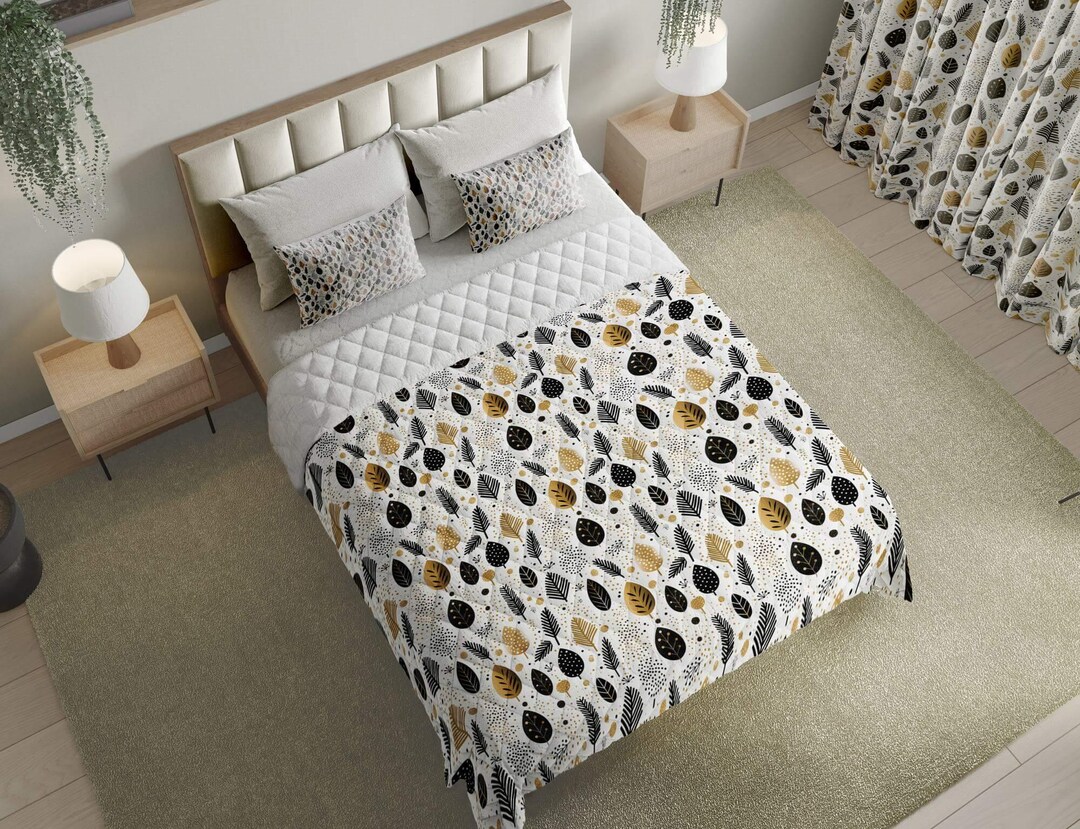 Gold Leaf Pattern Bedding Set, Aesthetic Bed Cover, Quilted Bedding Set ...