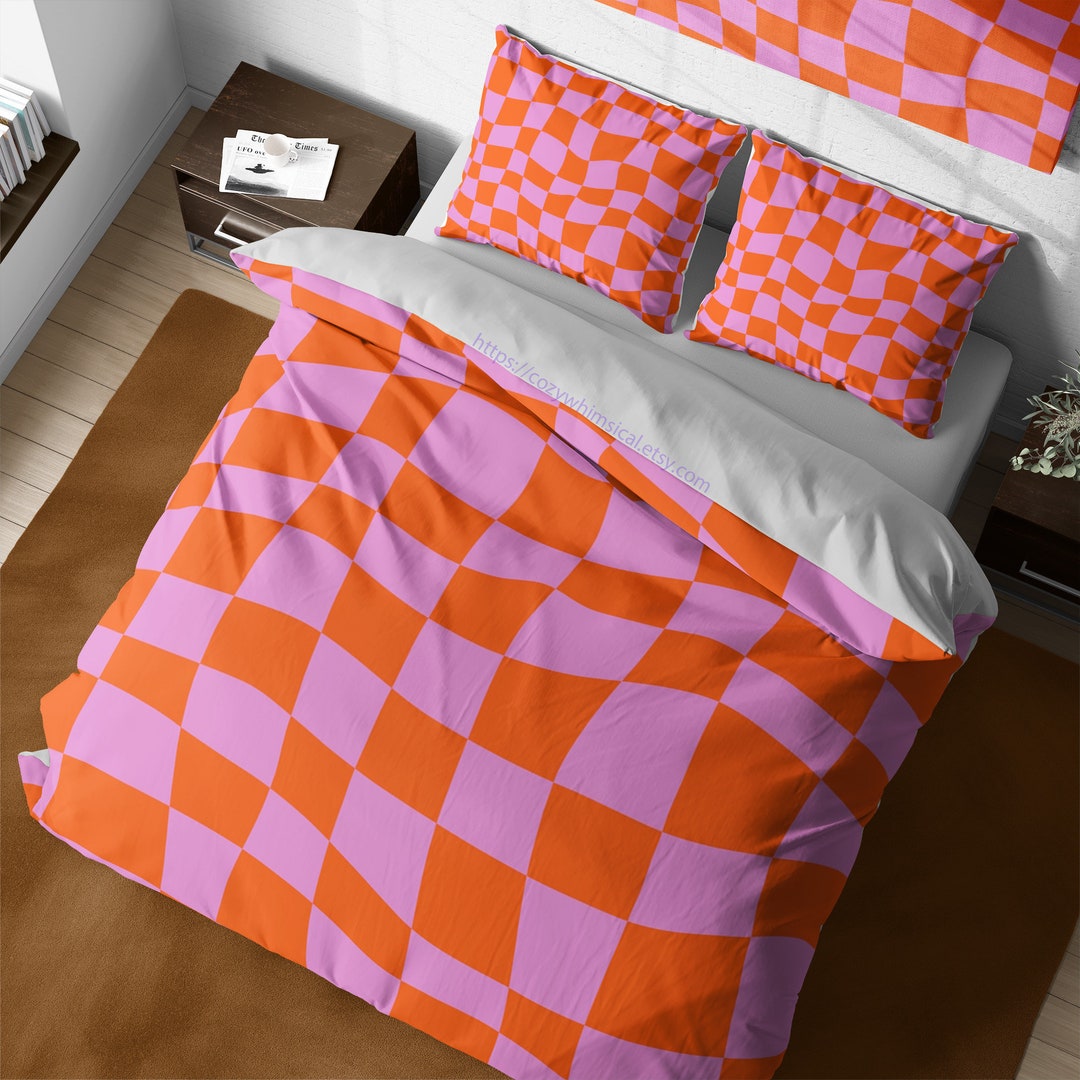 Orange and Purple Retro Y2k Wavy Check Bedding, Checkerboard Aesthetic ...