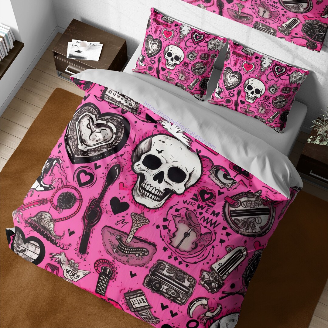 Gothic Cotton Bedding, Punk Duvet Cover Set, Emo Bedroom Decor, Pink ...