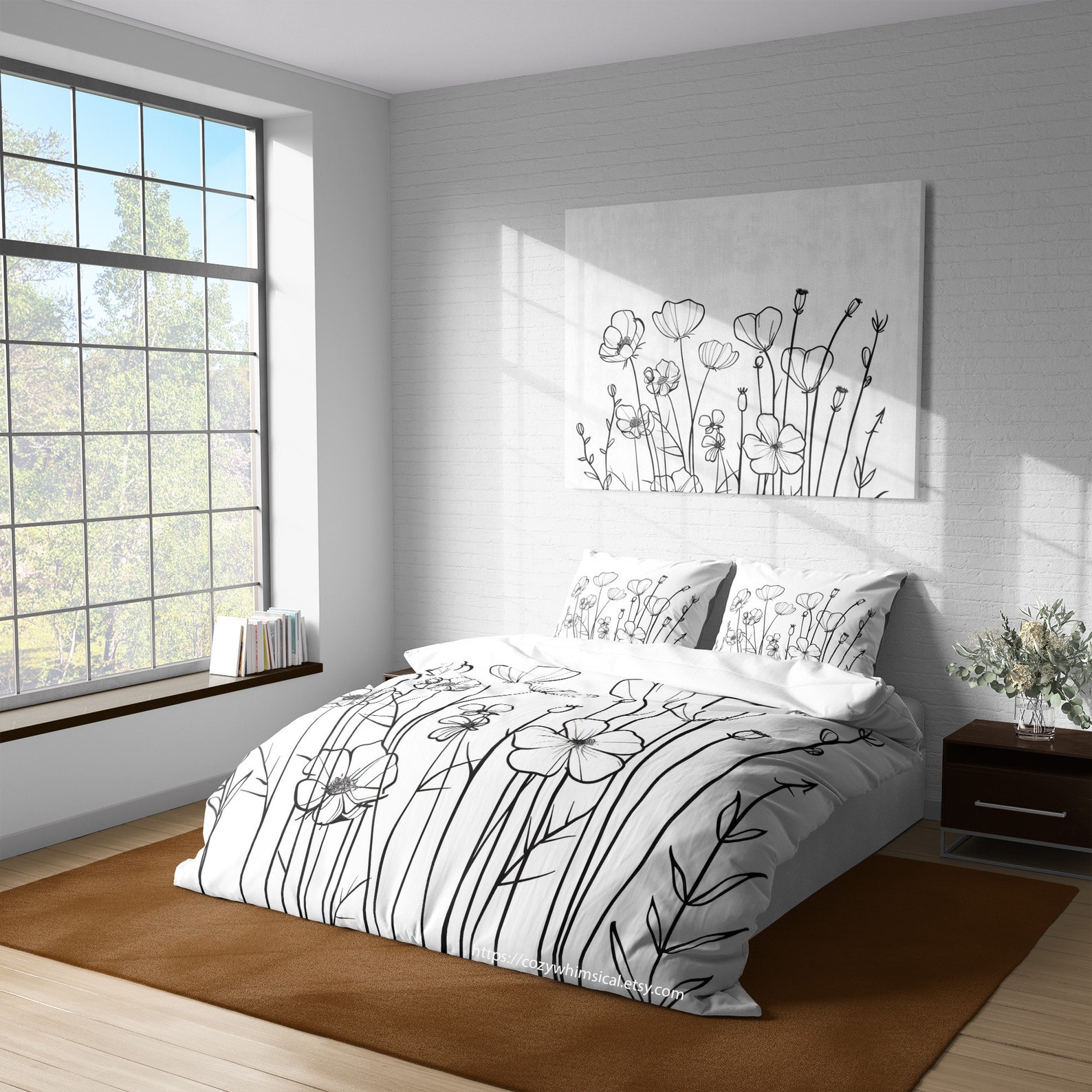 Wildflowers Line Art Minimalist Bedding Set, Abstract Art Modern ...