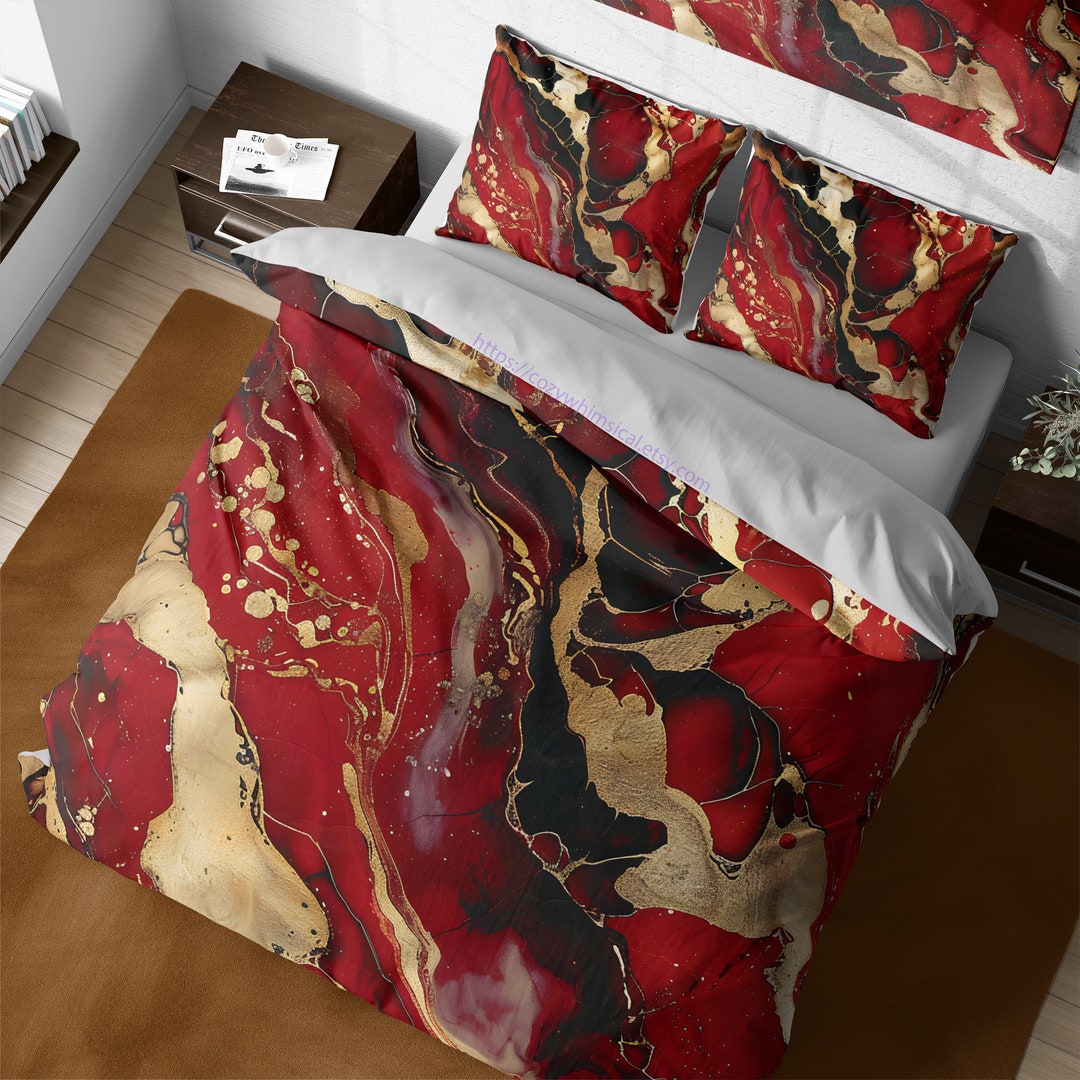 Dark Red and Gold Abstract Fluid Art Bedding, Aesthetic Liquid Marble ...