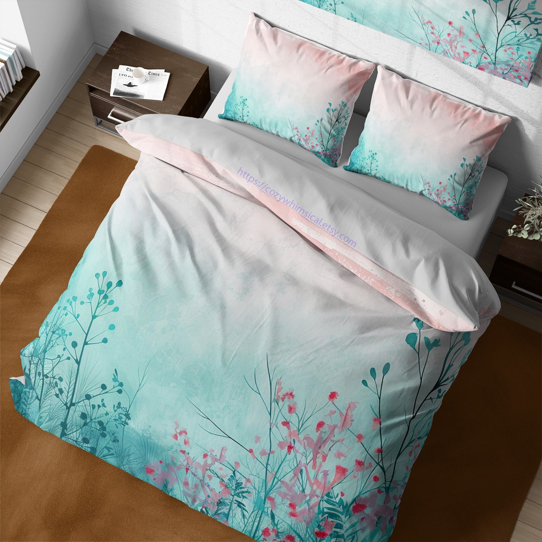 Soft Pastel Pink and Blue Gradient Watercolor Bedding Set, Flowers ...
