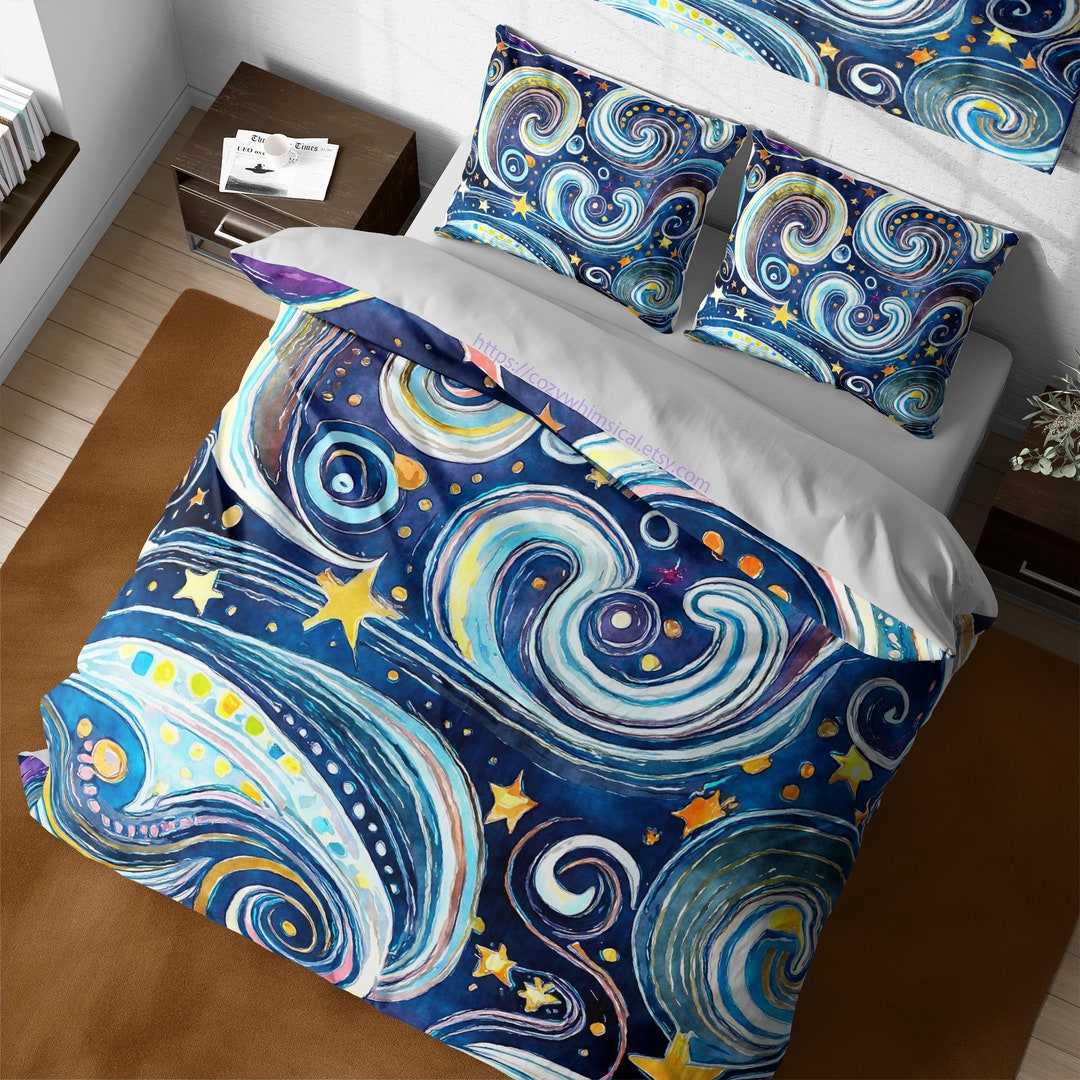 Blue Starry Night Sky Bedding, Whimsical Swirls Cotton Duvet Cover Set ...