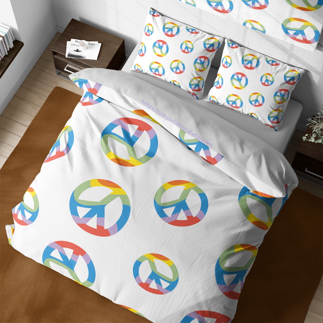 Retro Hippie Peace Symbol Bedding, Rainbow Duvet Cover, LGBT Pride Room ...