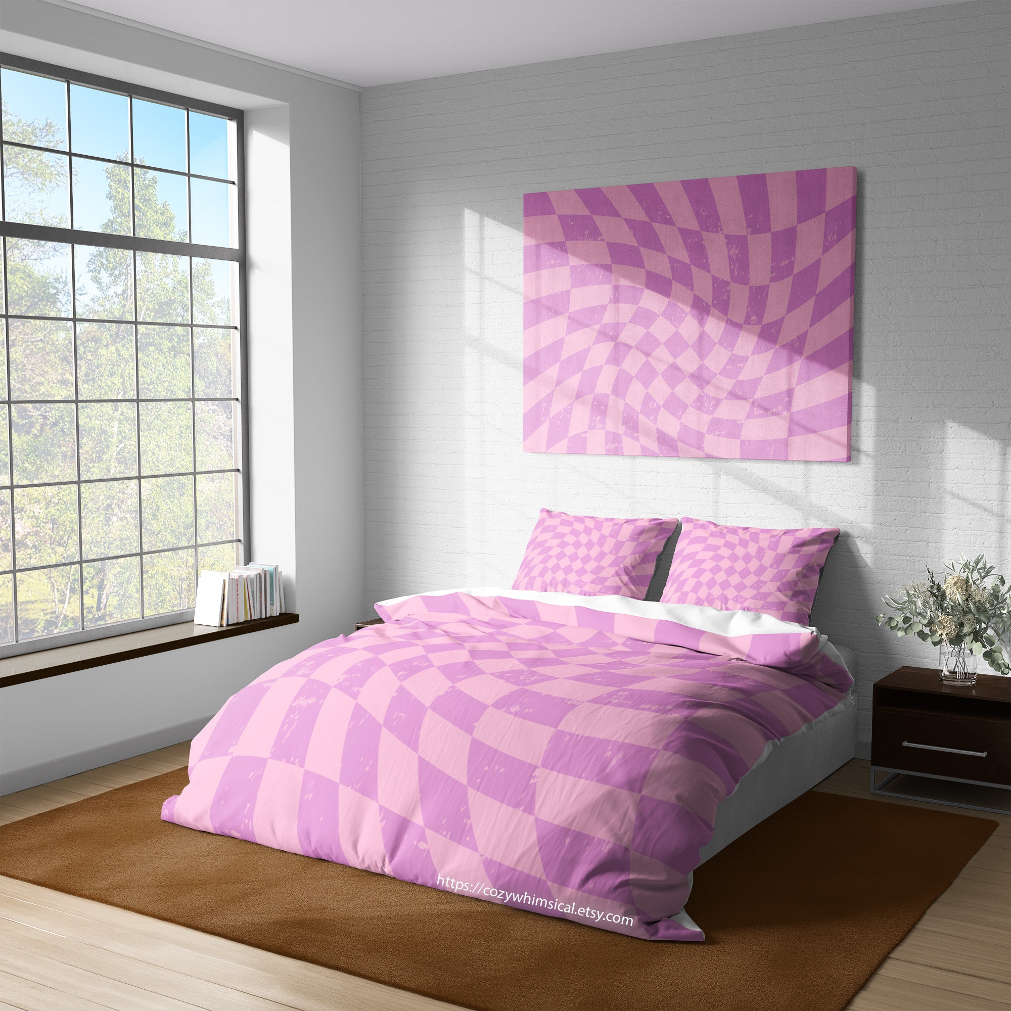 Retro 90's Groovy Y2k Checkered Bedding, Cute Purple Wavy Checkerboard ...