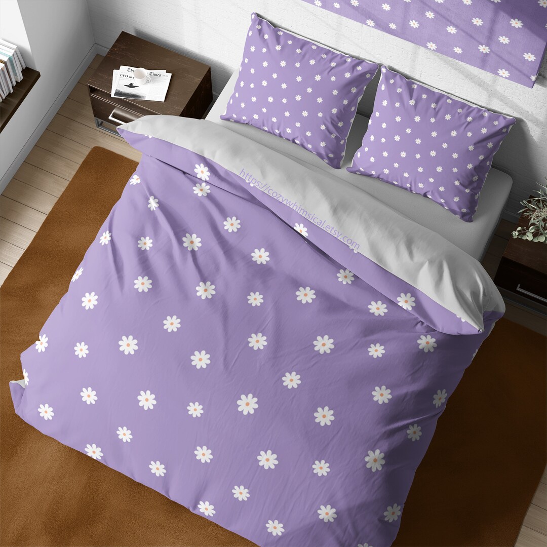 Purple Dainty Daisies Cotton Duvet Cover Set, Maximalist Floral Bedding ...