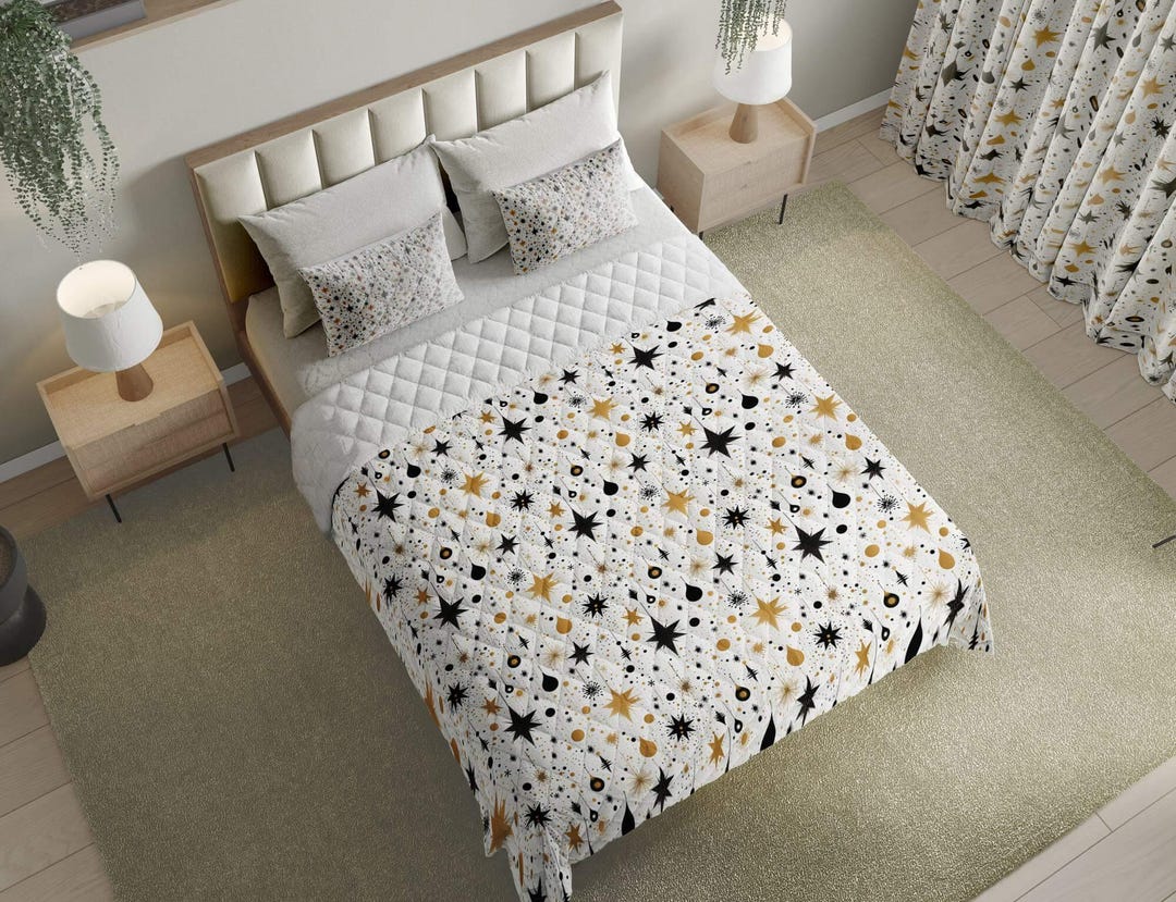 Modern Starry Night Quilted Bedding Set, Celestial Pattern Bedspread ...