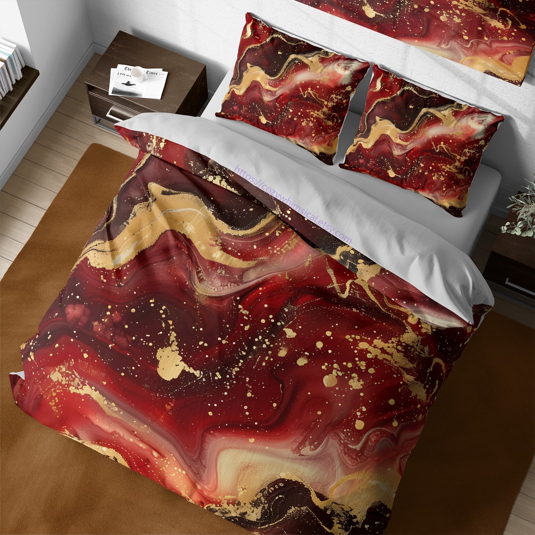 Dark Maroon and Gold Abstract Fluid Art Bedding, Aesthetic Liquid ...