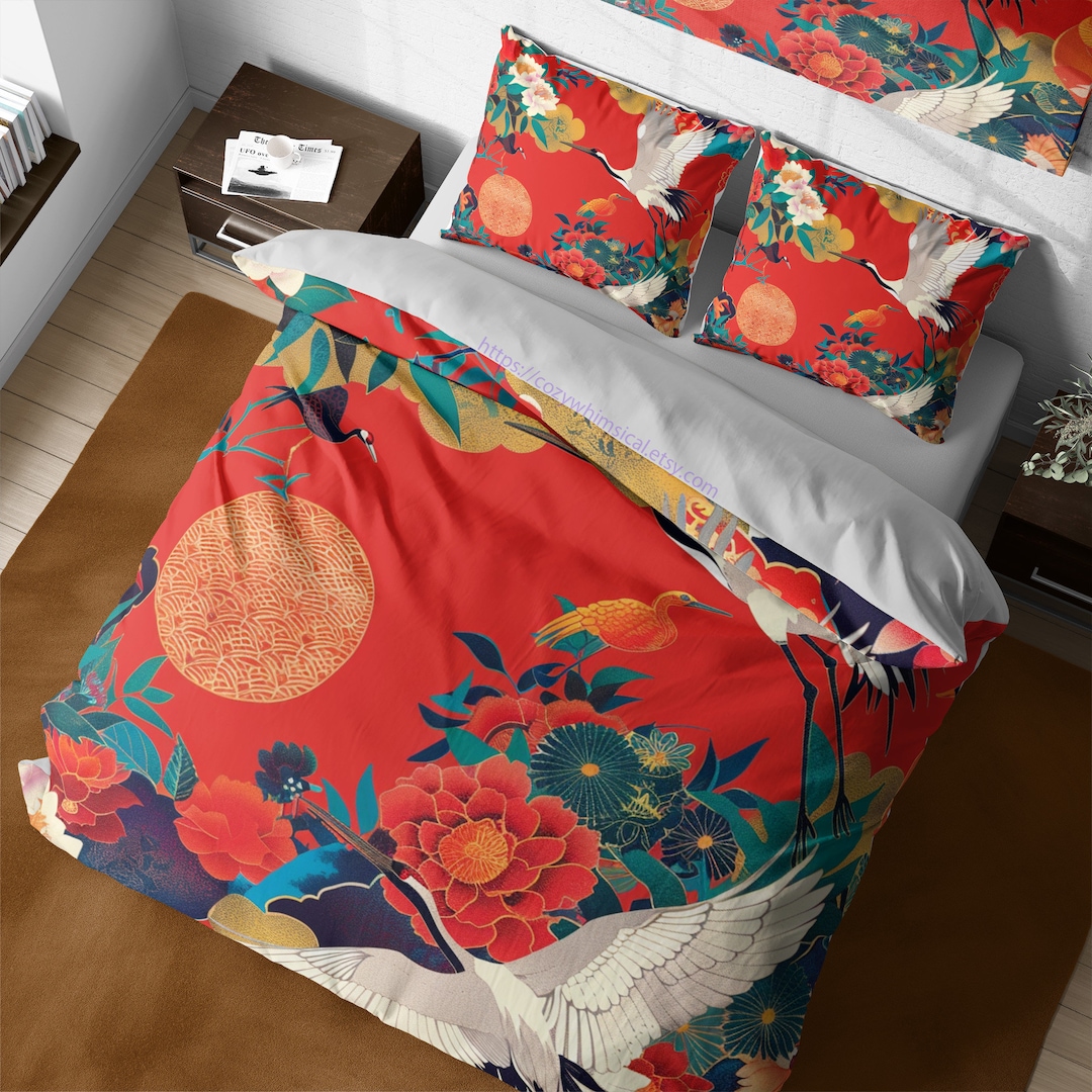 Japanese Art Red Bedding Set Duvet Cover, Aesthetic Florals & Crane ...