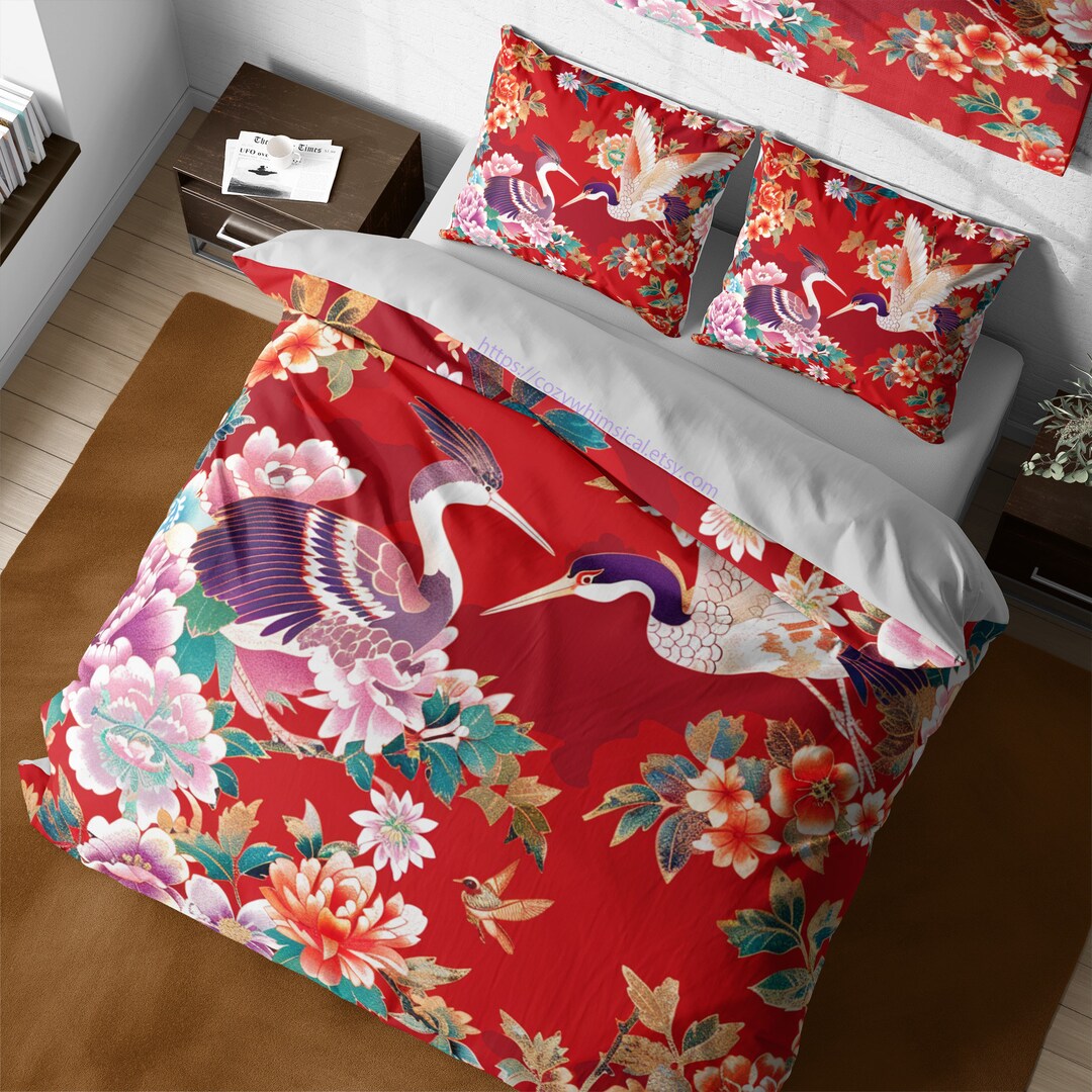 Crimson Red Japanese Art Bedding Set Duvet Cover, Lovely Cranes ...