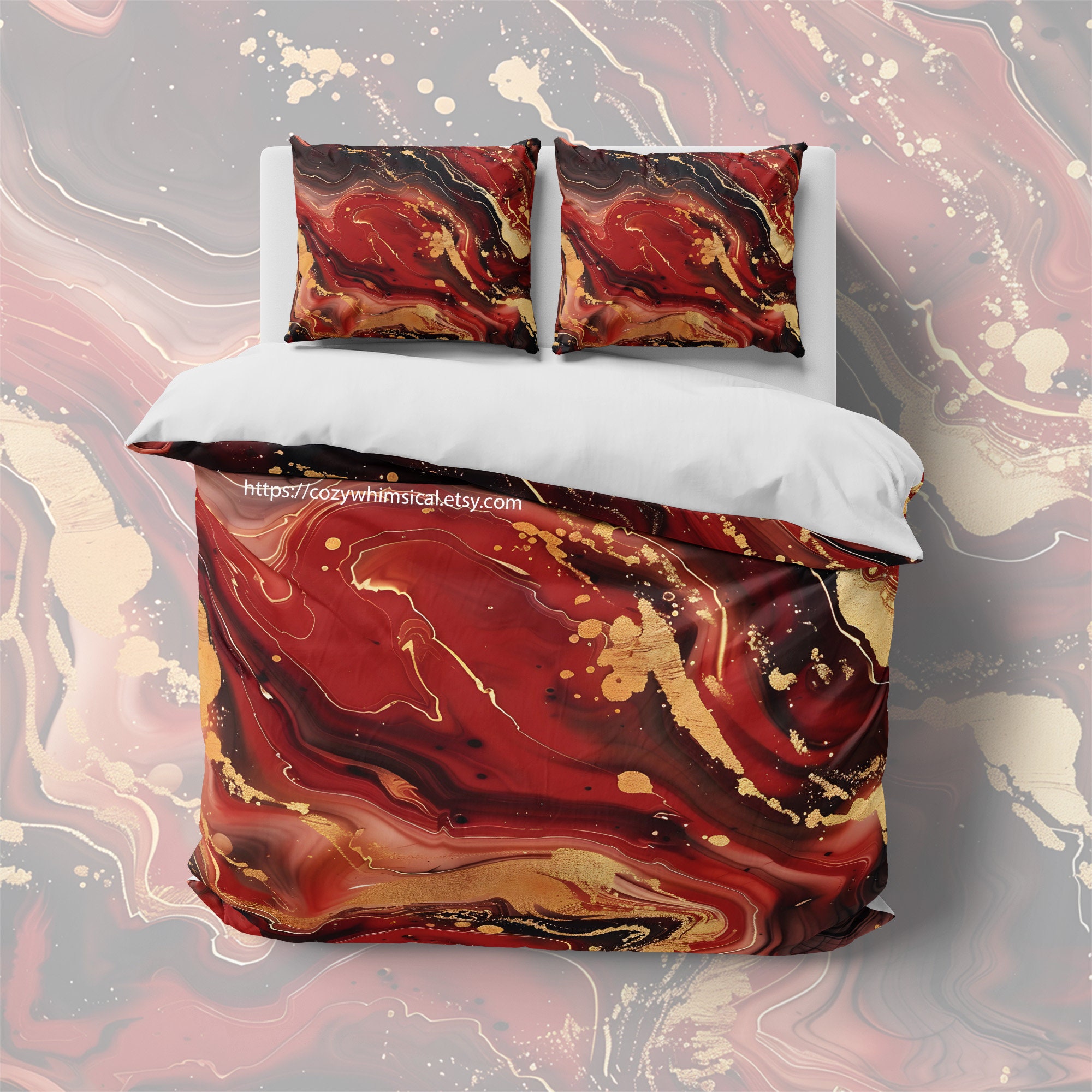 Ruby Red and Gold Abstract Fluid Art Bedding, Aesthetic Liquid Marble ...