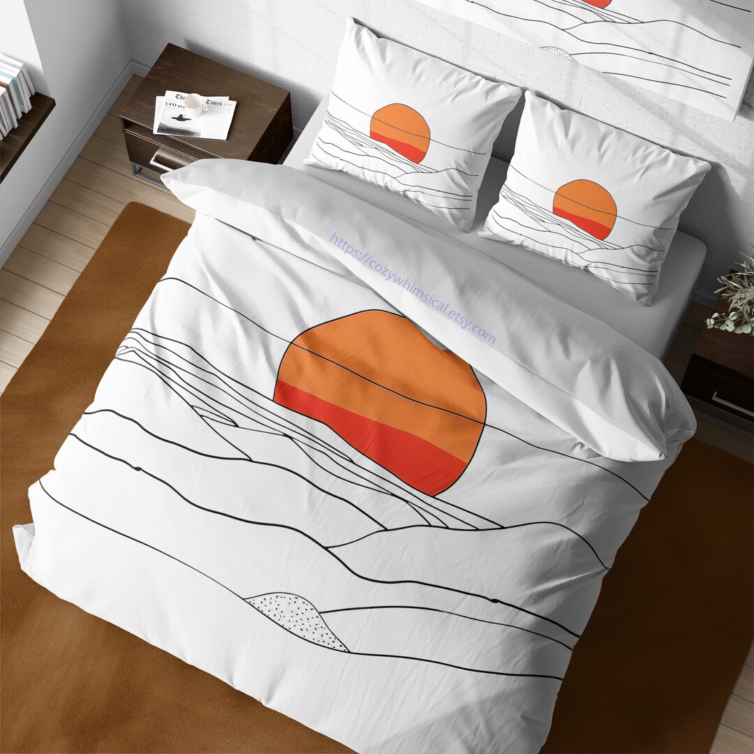Sunset Line Art Boho Minimalist Bedding, Orange Modern Doodle Hand Drawn Duvet Cover Set ...