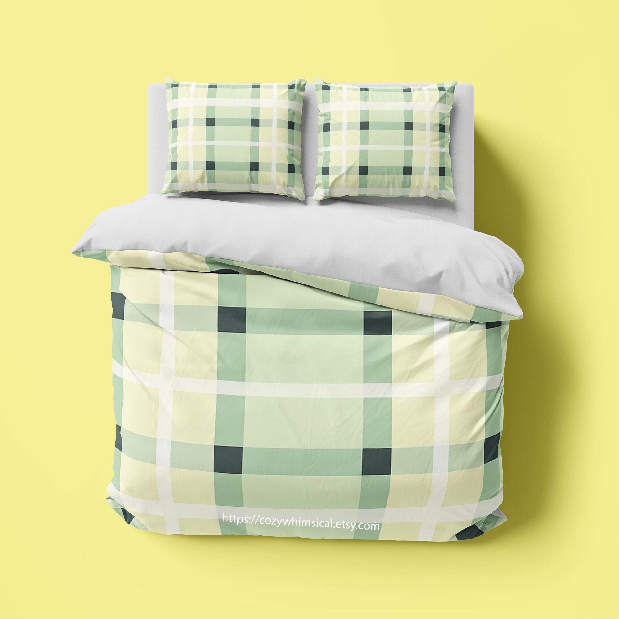Gingham Check Bedding Duvet Cover Set, Green & Yellow Plaid Checkered ...