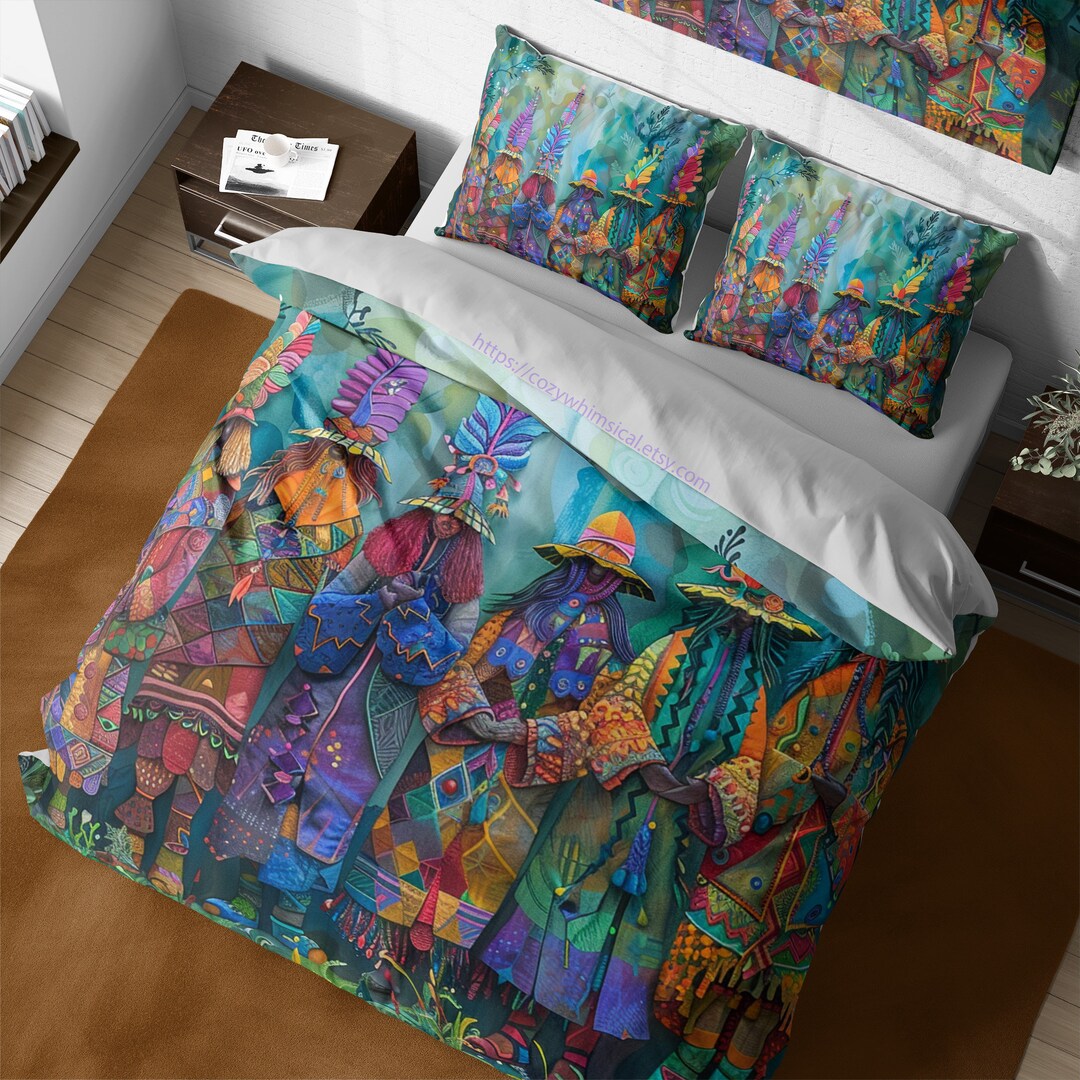 Praying Shaman Tribe Duvet Cover Set, Colorful Indigenous Bedding Set ...