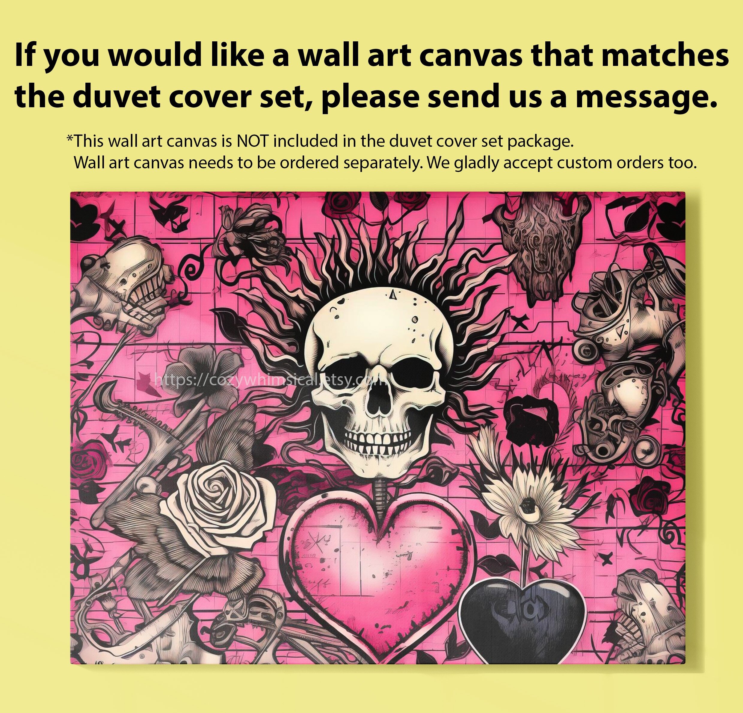 Gothic Skull Valentines Duvet Cover Set, Pink Hearts Emo Rockstar ...
