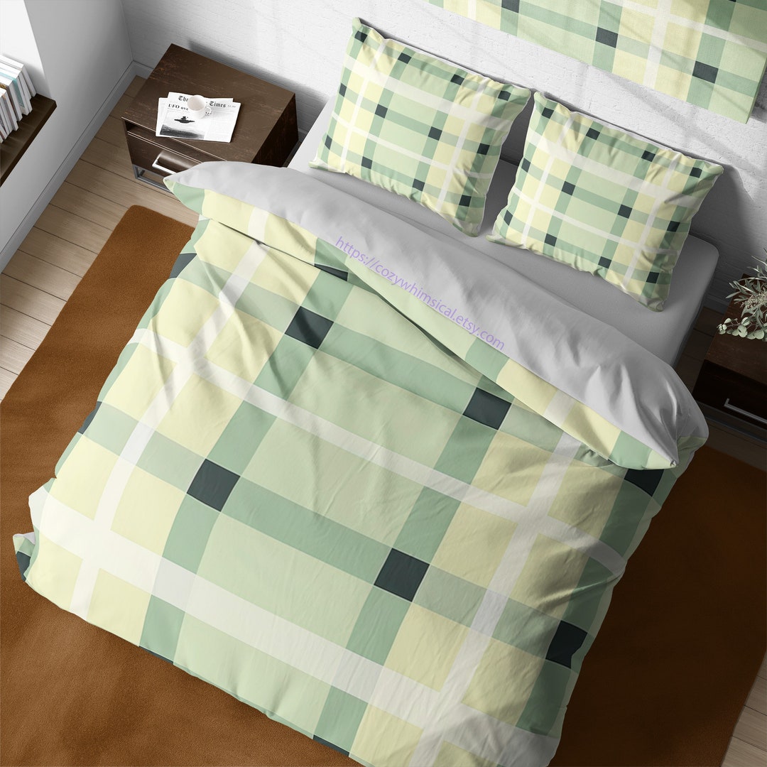 Gingham Check Bedding Duvet Cover Set, Green & Yellow Plaid Checkered ...