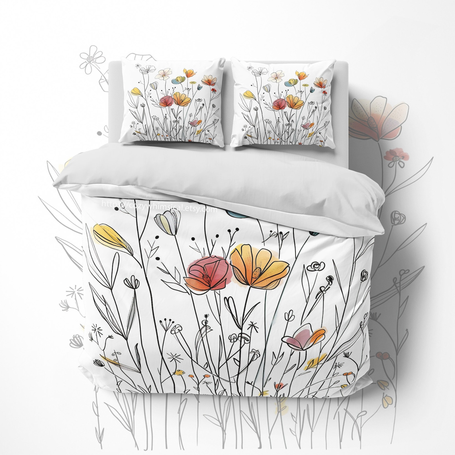 Cute Watercolor Abstract Floral Line Art Bedding Set, Modern Botanical ...
