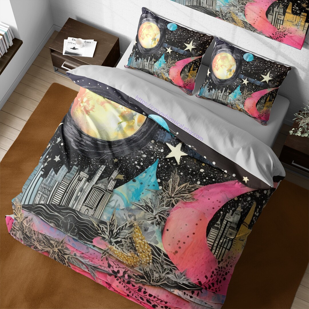 Dark Vintage Starry Night Cityscape Bedding Set, Whimsical Moon & Stars ...