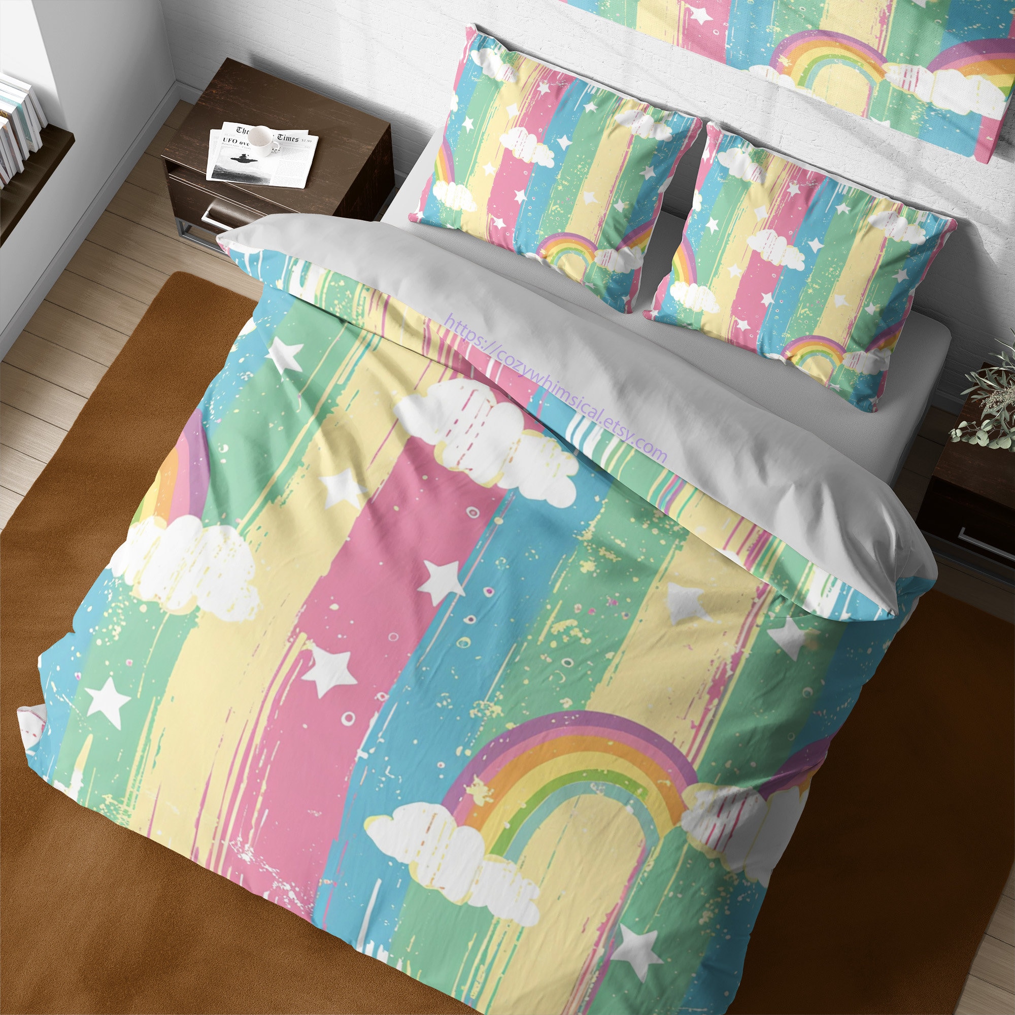 Cute Pastel Rainbow Stars Duvet Cover, Colorful Cartoon Space Bedding ...