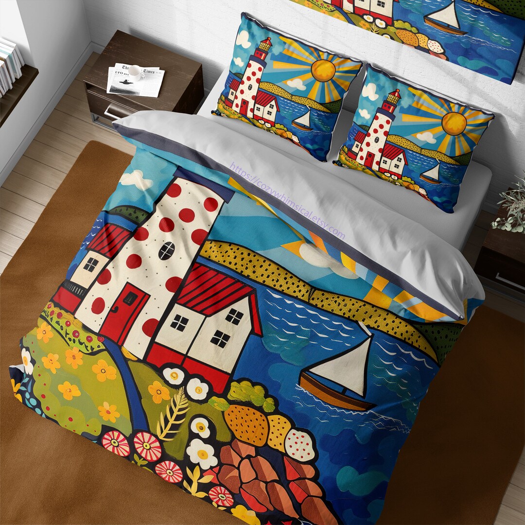 Vintage Lighthouse Folk Art Bedding Set, Coastal Blue Ocean Duvet Cover ...