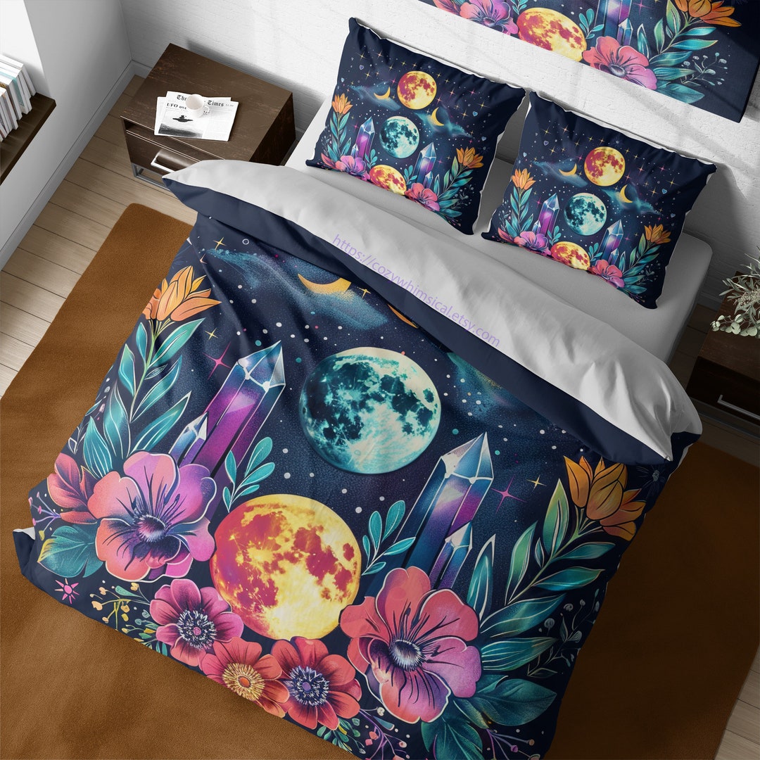 Retro Vintage Cosmic Night Sky Duvet Cover, Crystal Moon & Stars ...