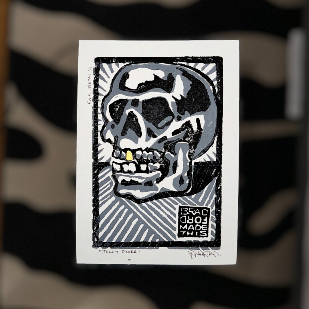 LIMITED 5"x7" 'jolly Roger' Gold Tooth Skull Lino Cut Print - Folk ...