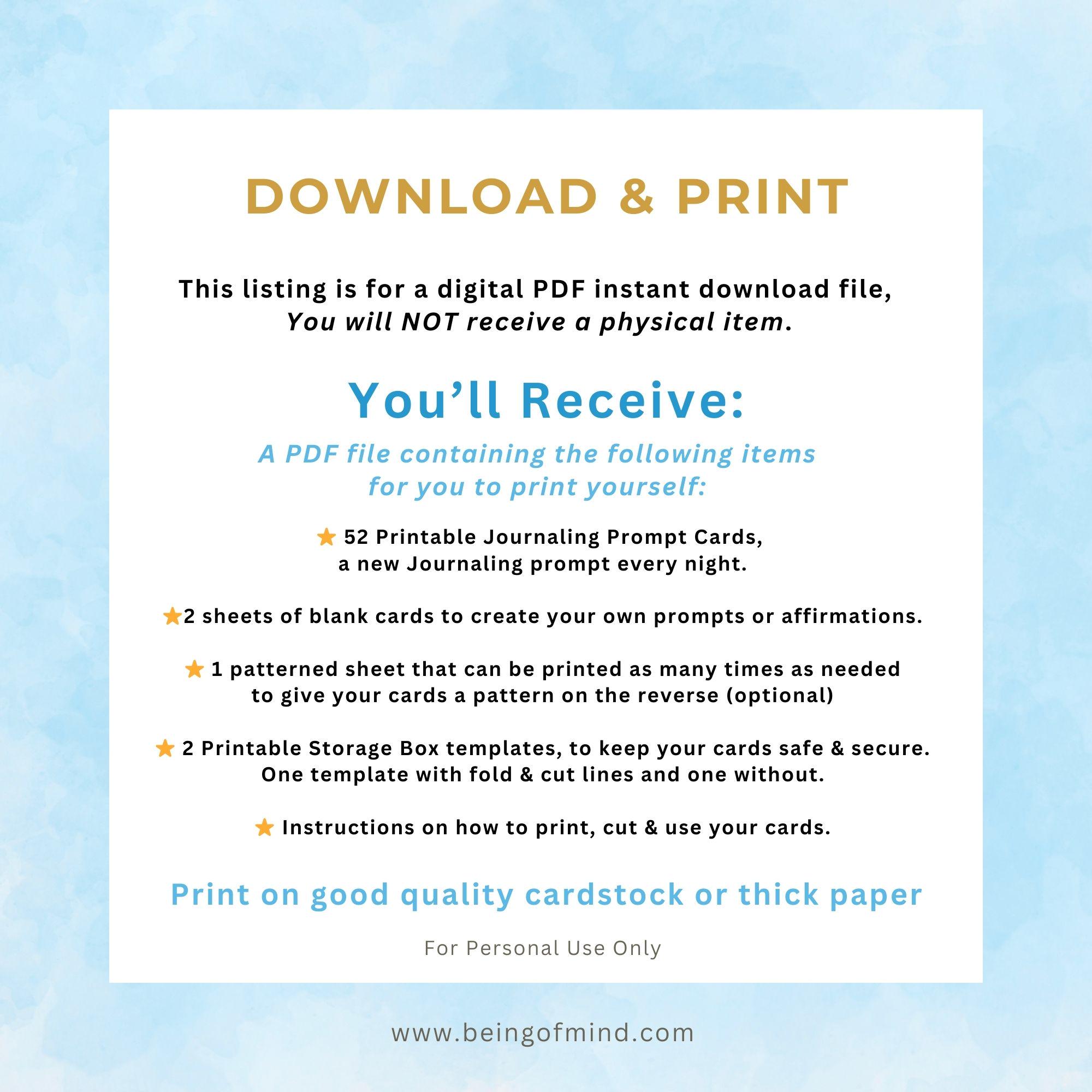 Printable Bedtime Journaling Prompt Cards, PDF, Growth, Self Love, CBT ...