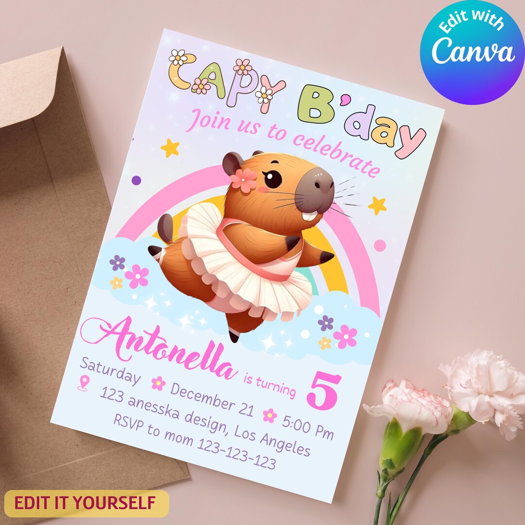 Editable Capybara Birthday Invitation, Cute Pink Capy Birthday, Animals ...