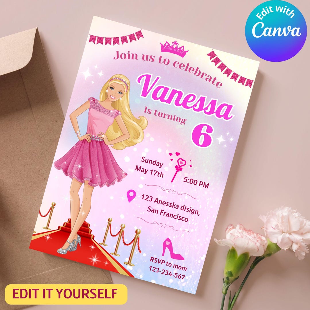 Barbie Editable Birthday Invitation Template, Printable Birthday Party ...