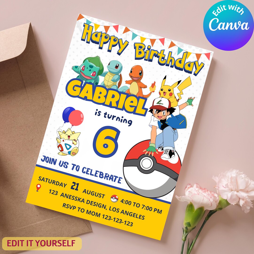 Editable Poke-mon Party Invitation Poke-ball Pika-chu Birthday Party ...