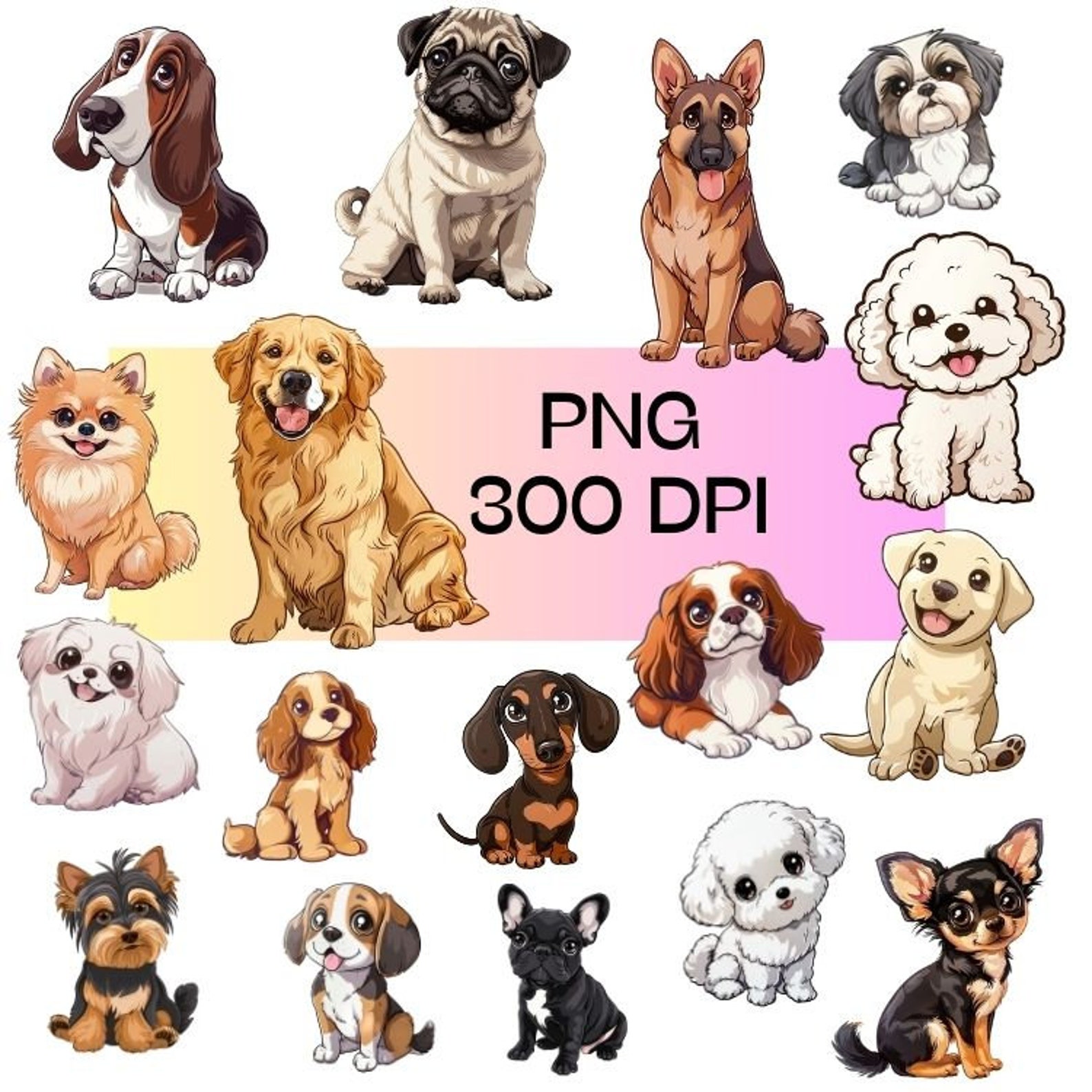 Dogs Clipart Bundle | 20 Cute Dog Breeds PNG Clipart, Kawaii Dogs for ...